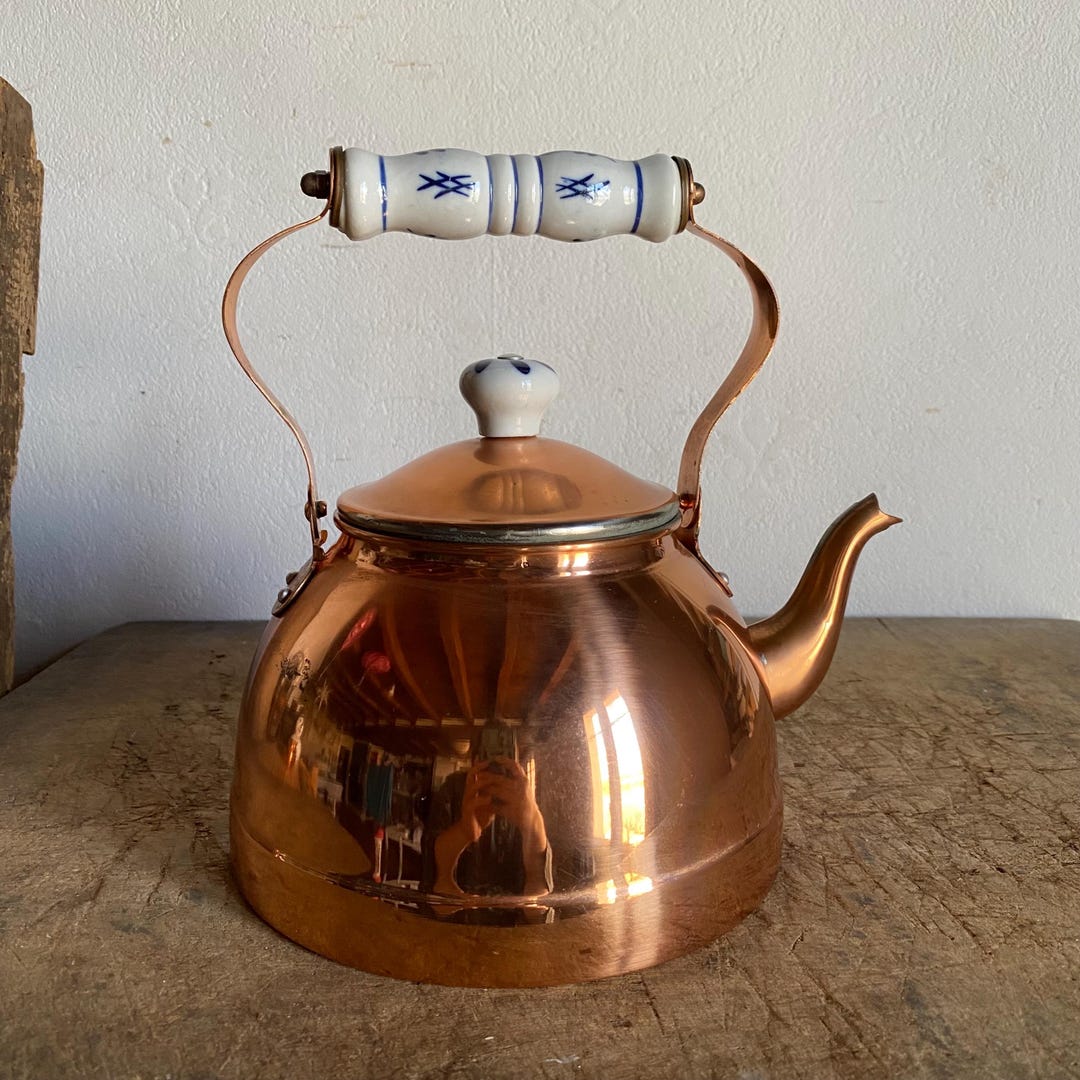 Copper Tin Snake Sprout Kettle With Delft Handle , French Vintage Water ...