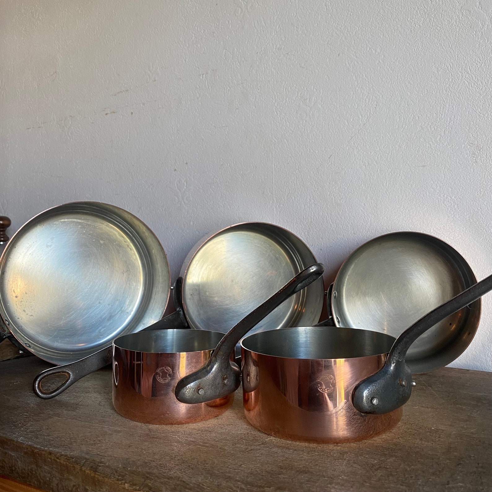 Set of 5 Copper Pans With With Tin Lining , French Vintage , Engraved ...