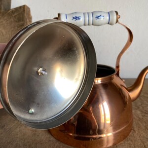 Copper Tin Snake Sprout Kettle With Delft Handle , French Vintage Water ...