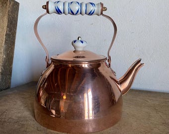 French Copper Brass Snake Sprout Kettle With Delft Handle , French ...