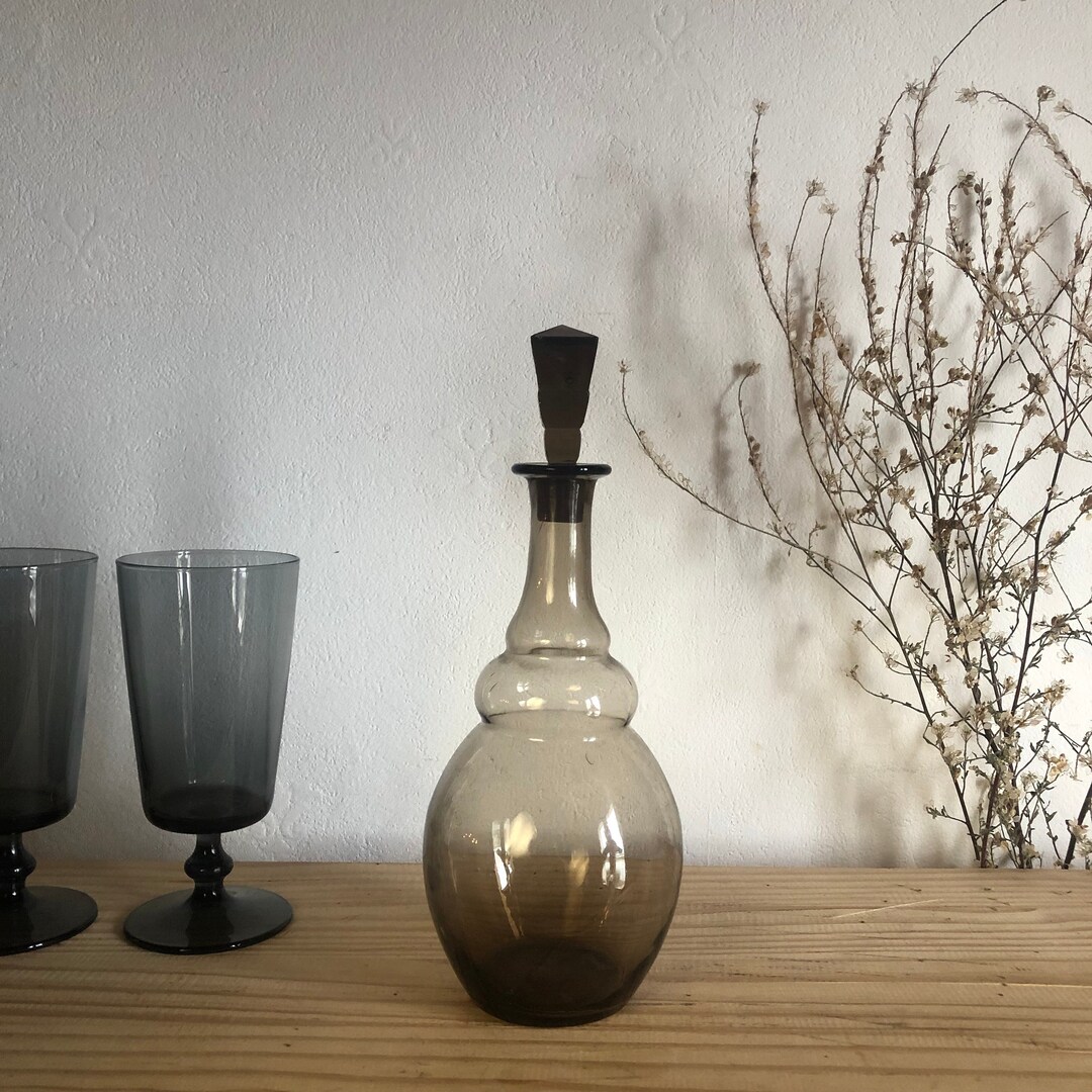 Elegant French Vintage Smoked Brown Glass Carafe With Stopper , Smokey ...