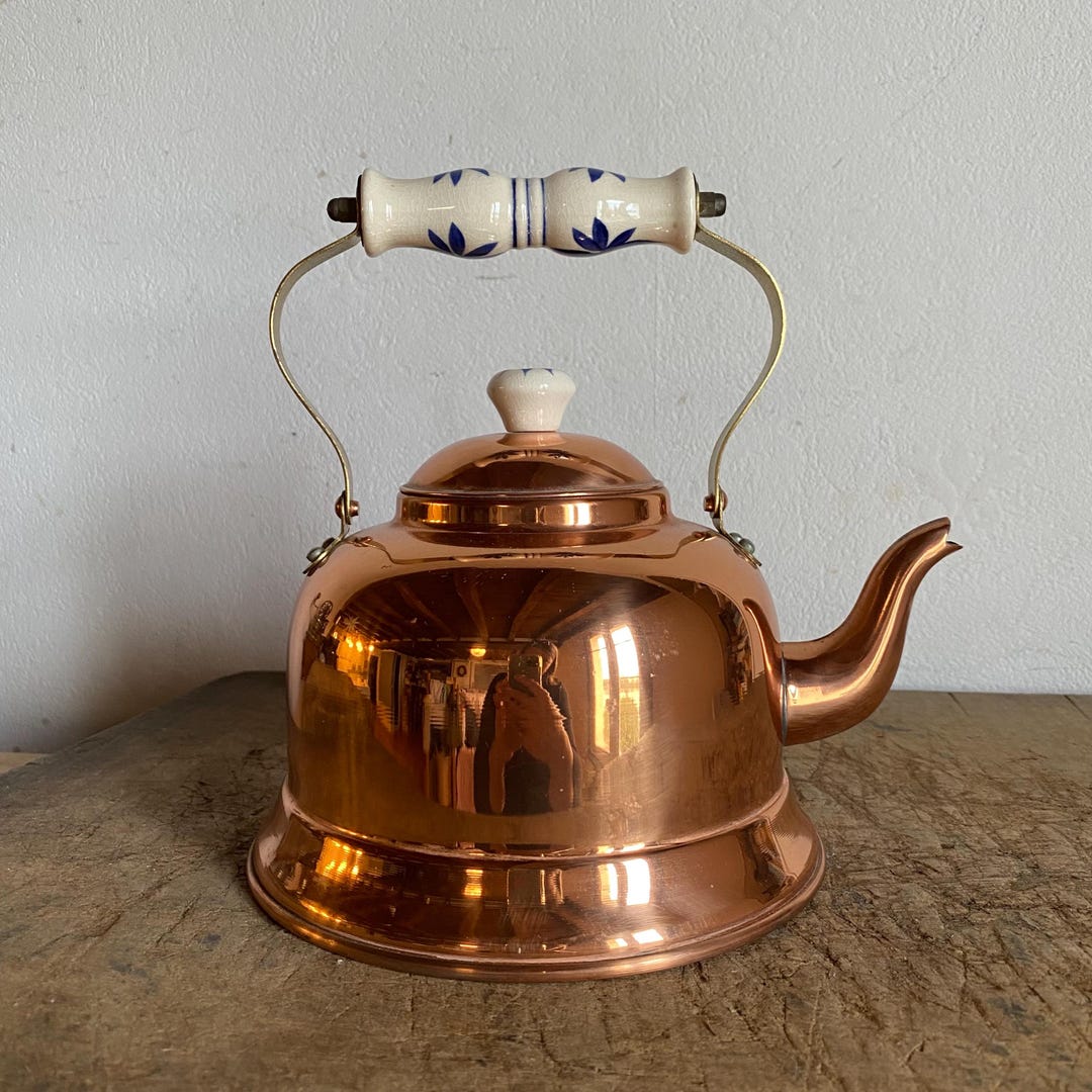 French Copper Brass Snake Sprout Kettle With Delft Handle , French Vintage Water Kettle , French ...