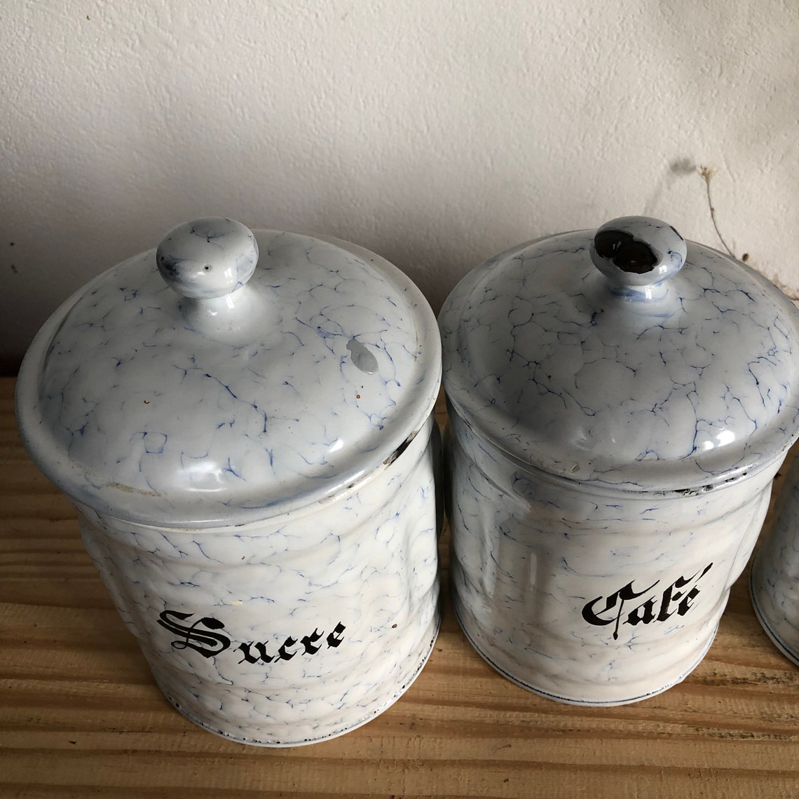 Set of 4 French Vintage White Blue Marbled Enamel Canister - Etsy