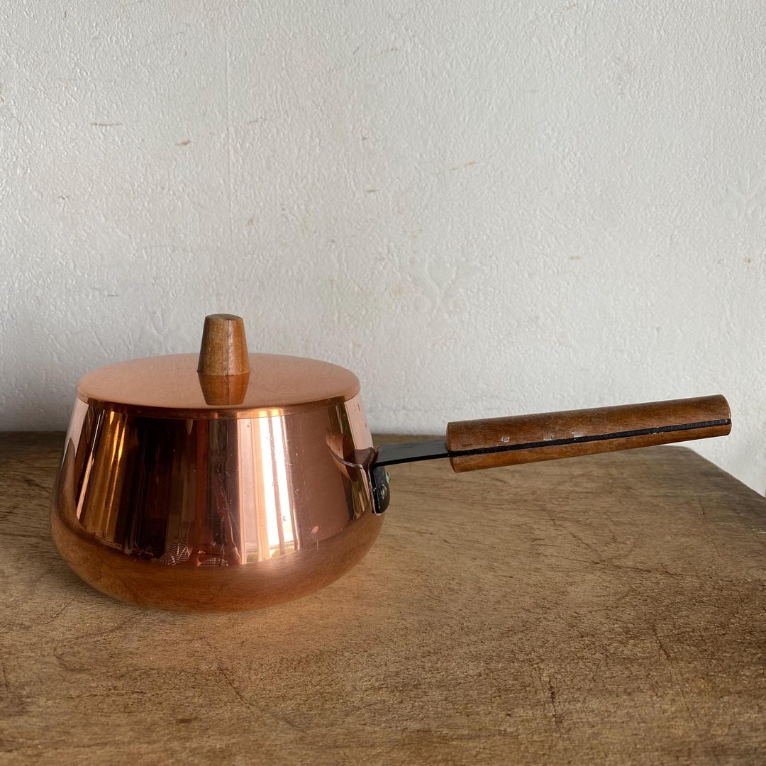 French Vintage Copper Inox Pan With Lid and Wooden Handle - Etsy