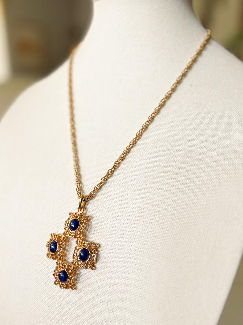 Vintage 1975 Sarah Coventry Cross Necklace: Gold Plated Faux Lapis, 22 ...