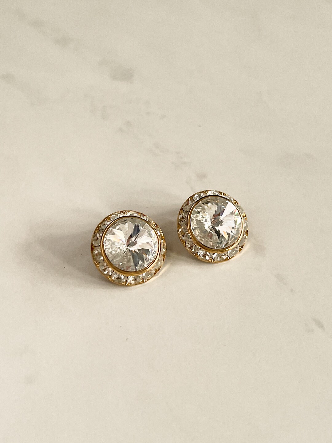 Vintage Crystal Rivoli Faceted Rhinestone Clip Earrings | Round Vintage ...