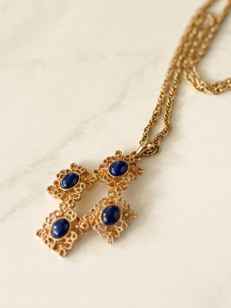 Vintage 1975 Sarah Coventry Cross Necklace: Gold Plated Faux Lapis, 22 ...