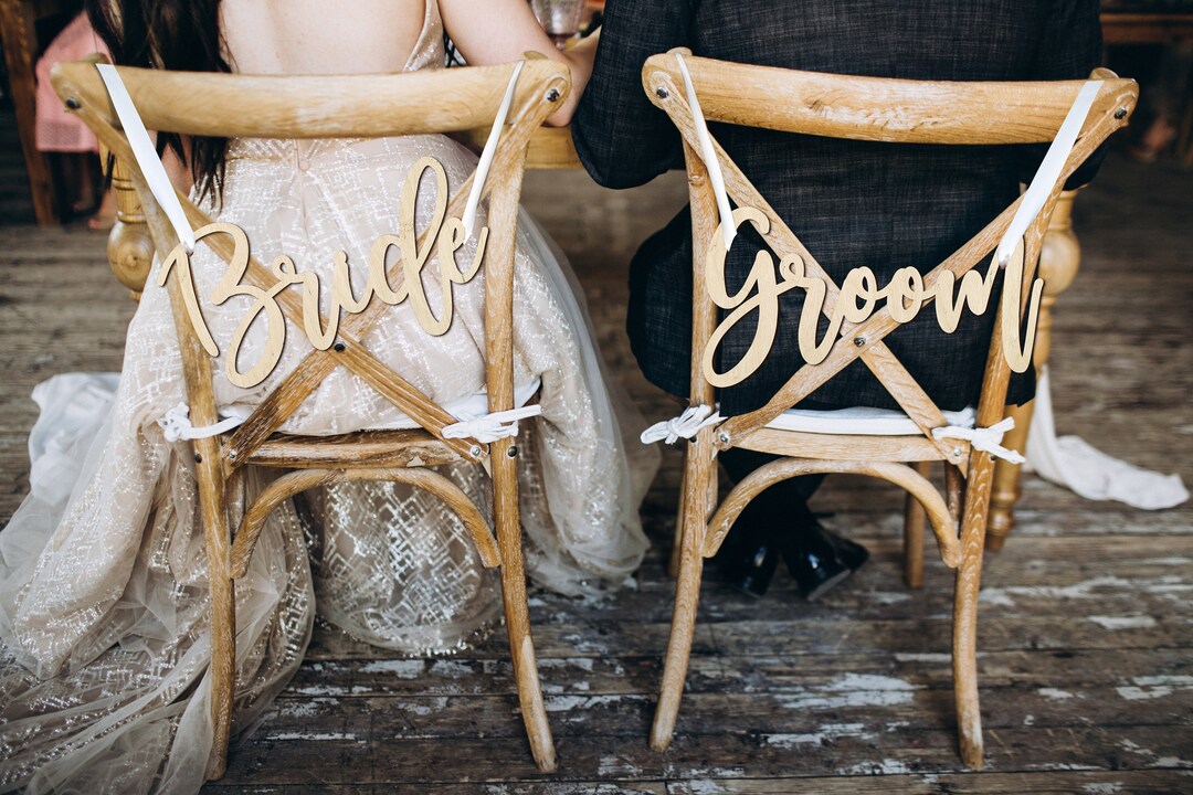 Bride and Groom Chair Signs, Wedding Decoration, Wedding Chair, Chair ...
