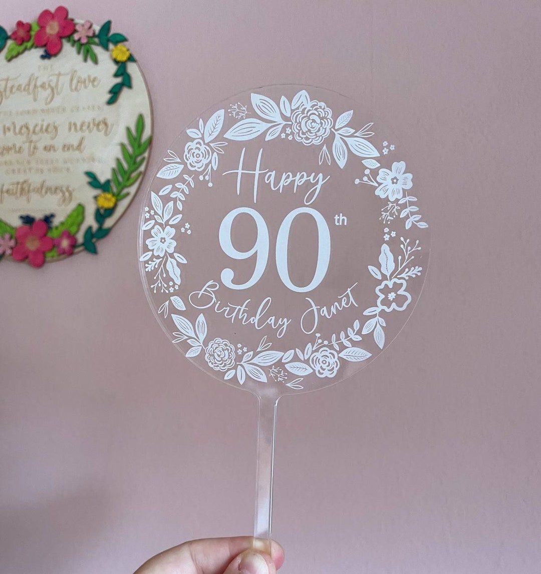 Clear Acrylic Floral Wreath Cake Topper, Personalised 90th Birthday ...