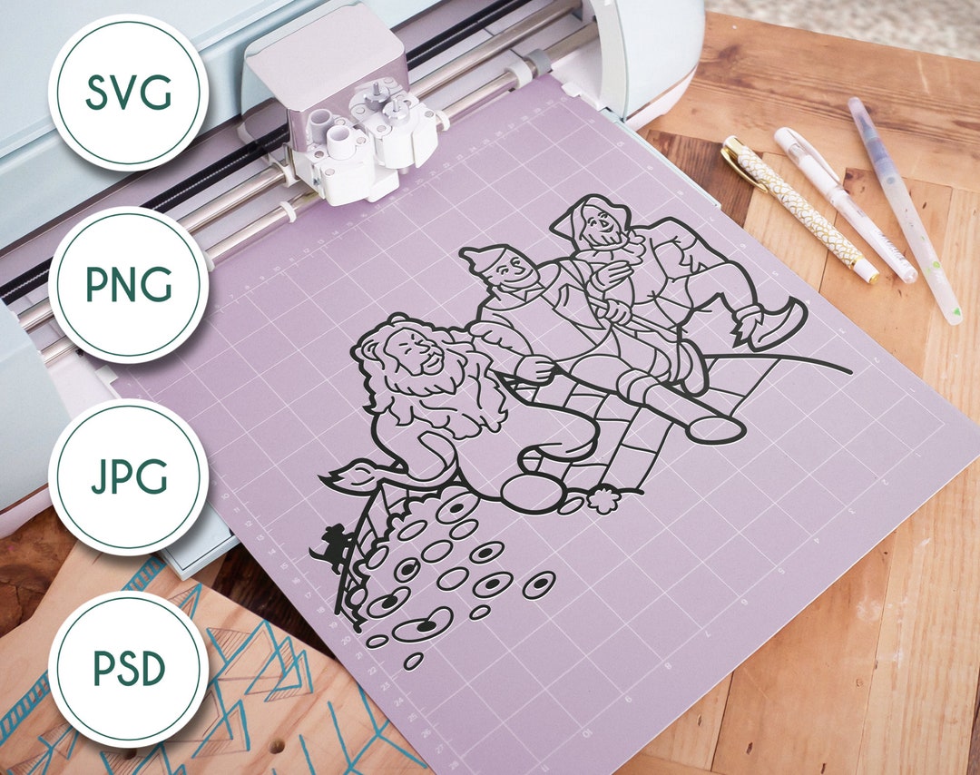 Toto, Lion, Tin Man and Scarecrow on the Yellow Brick Road Line Art ...