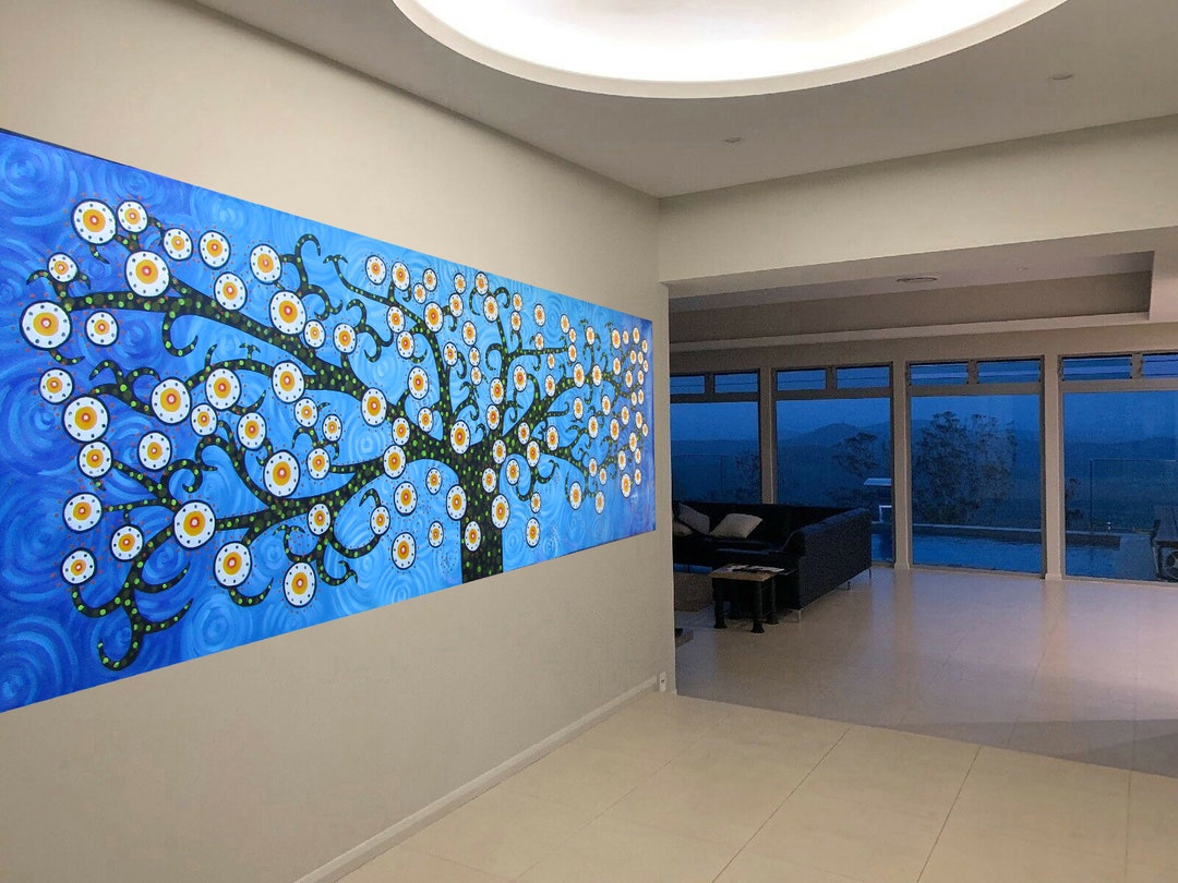 Large Original Tree Painting, Blue Color Art, Huge Oil Canvas, Dot ...
