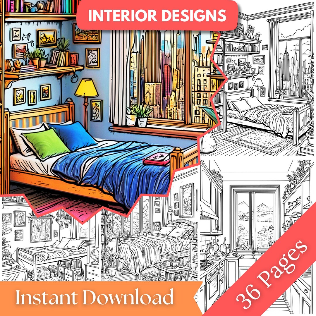 36 Interior Design Coloring Pages | Digital Download | 8.5x11 Inch PDF ...