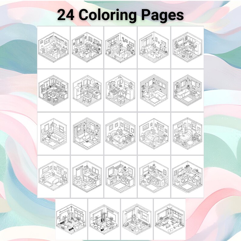 Cozy Isometric Room Coloring Pages – 24 Printable Designs (8.5x11 ...