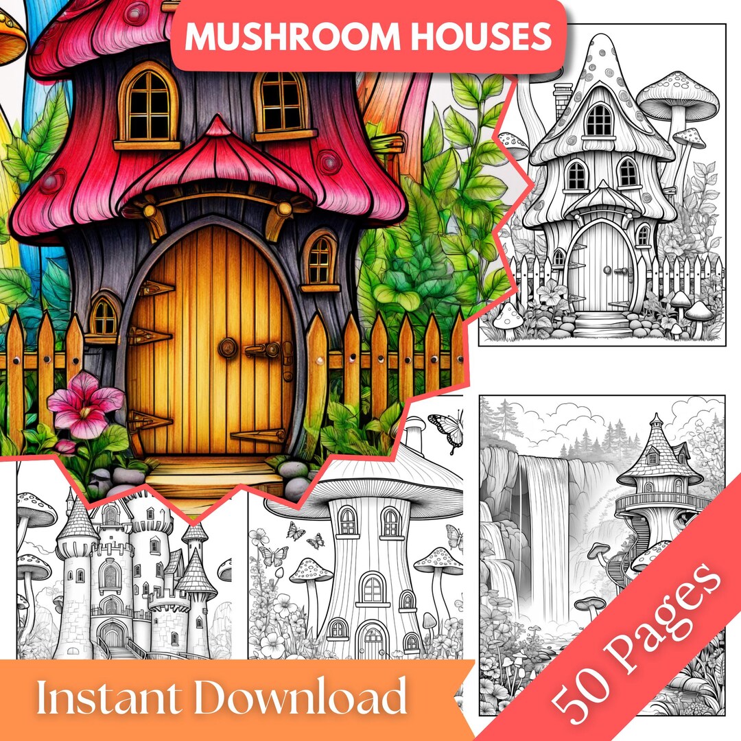 50 Mushroom House Coloring Pages for Adults | Digital Download PDF | 8 ...