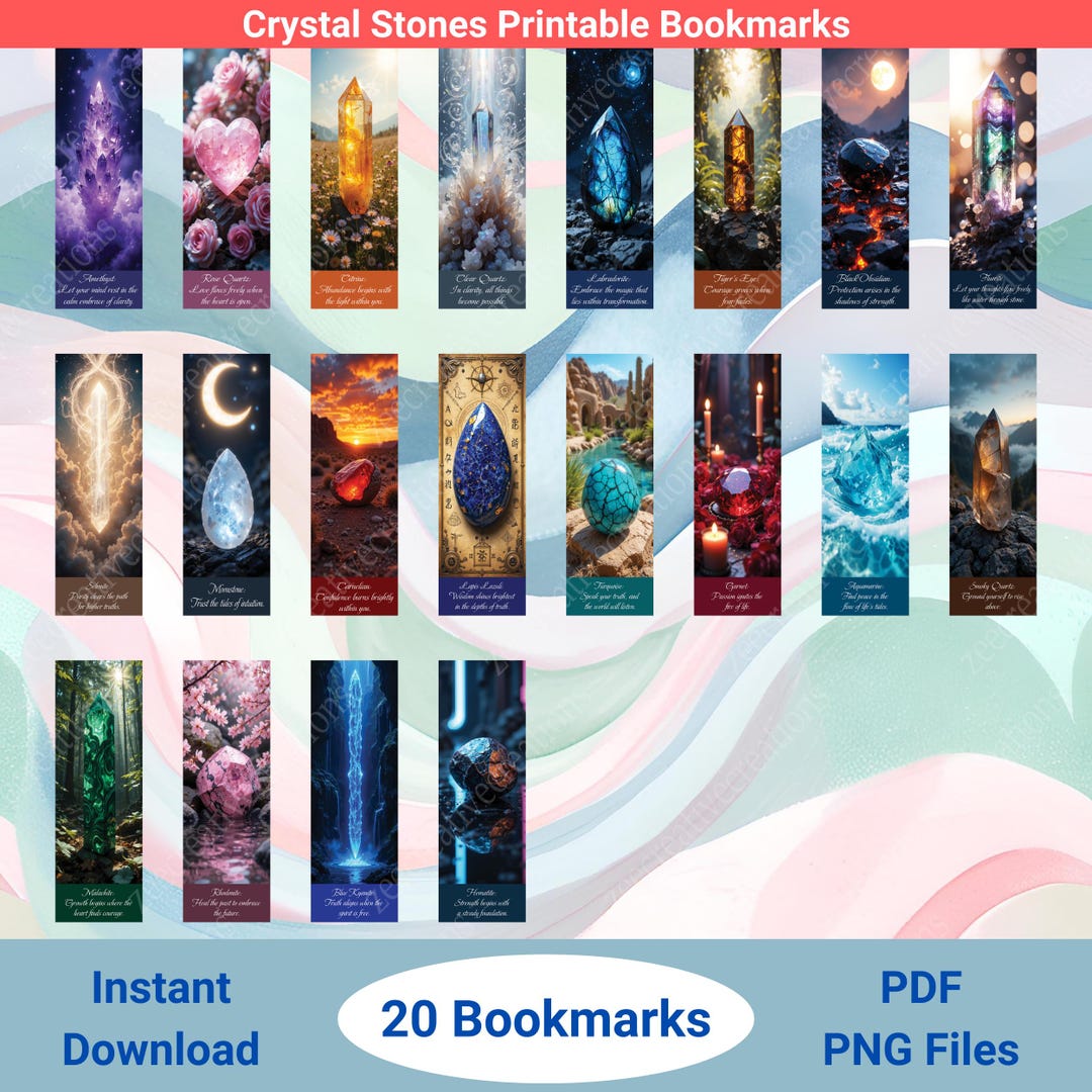 Crystal Stones Bookmarks: 20 Unique Designs for Mindfulness (PDF, PNG ...