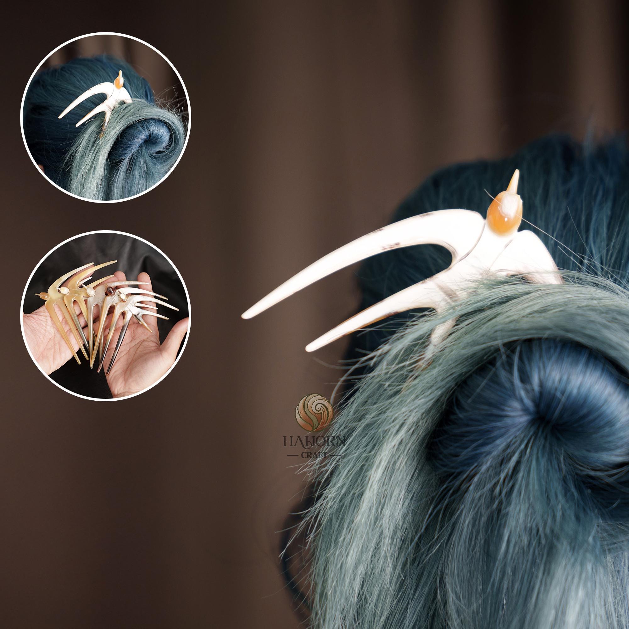 Buffalo Horn Swallow Hair Pin 2 Prongs Hair Fork for Women Hair Stick ...