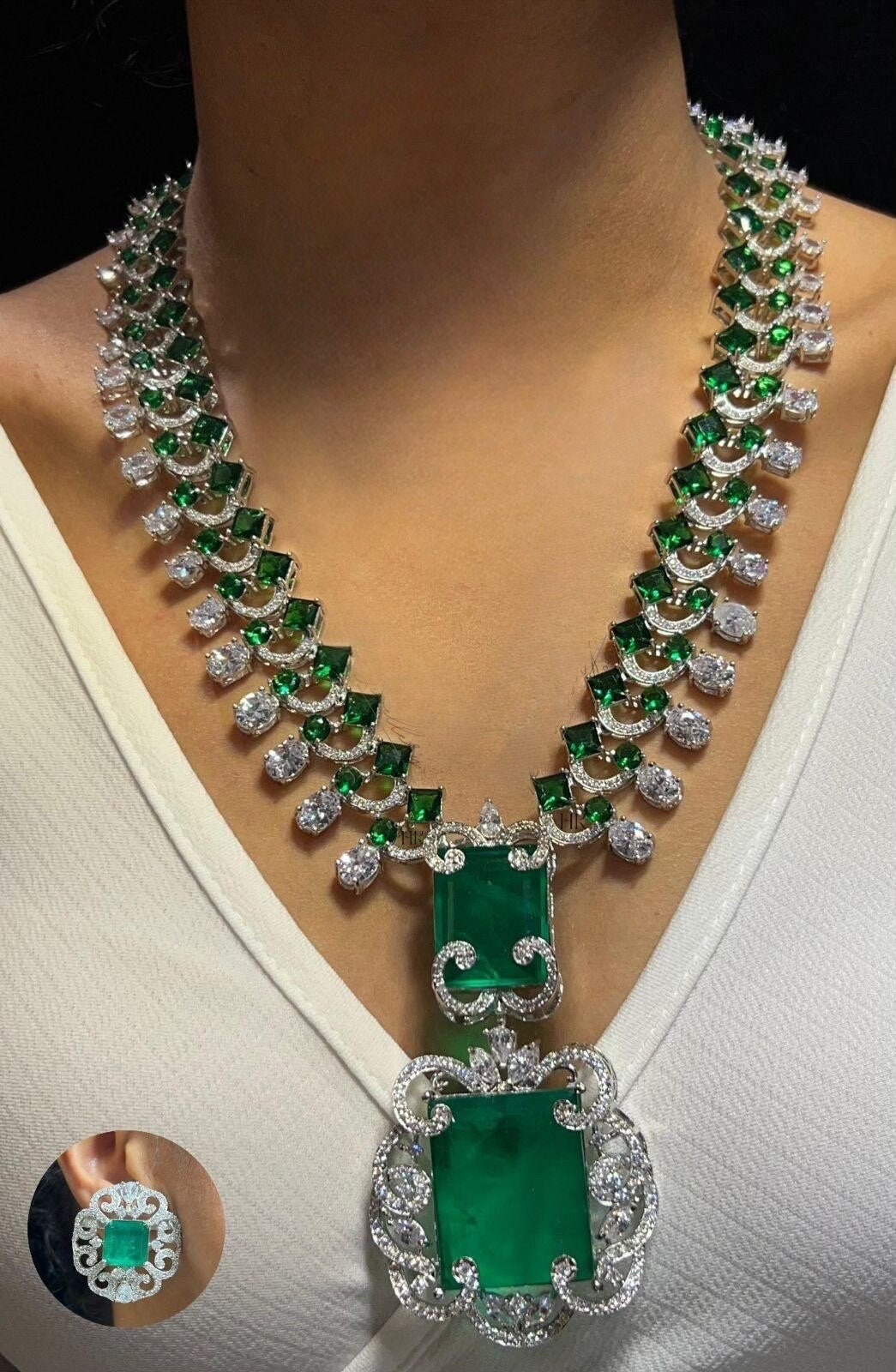 Nita Ambani Inspired Emerald Set With Studs/ Wedding Bollywood Bridal Green Emerald Jewelry/ AD ...