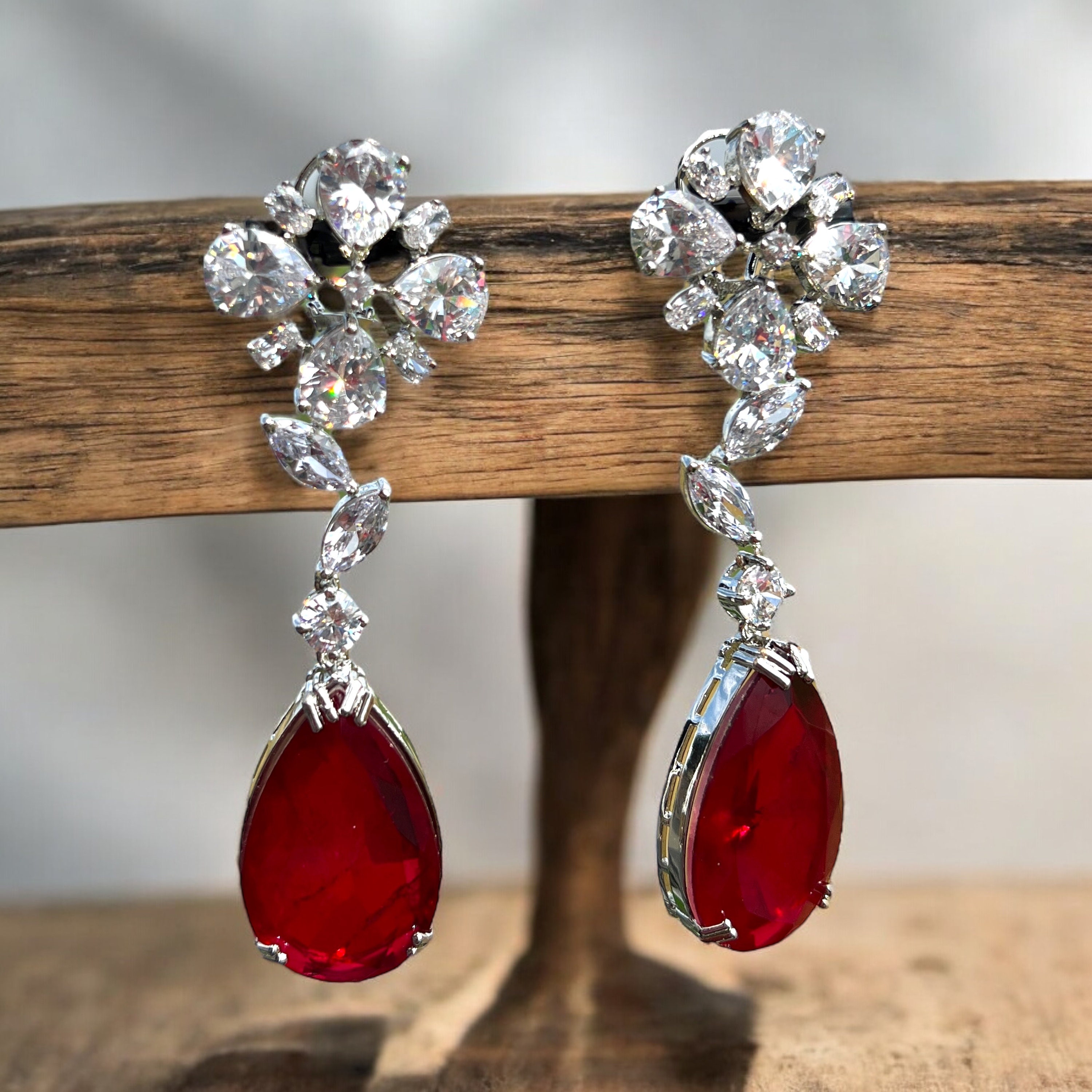 Ruby Red Dangle Earrings: American Diamond Bollywood Style - Etsy