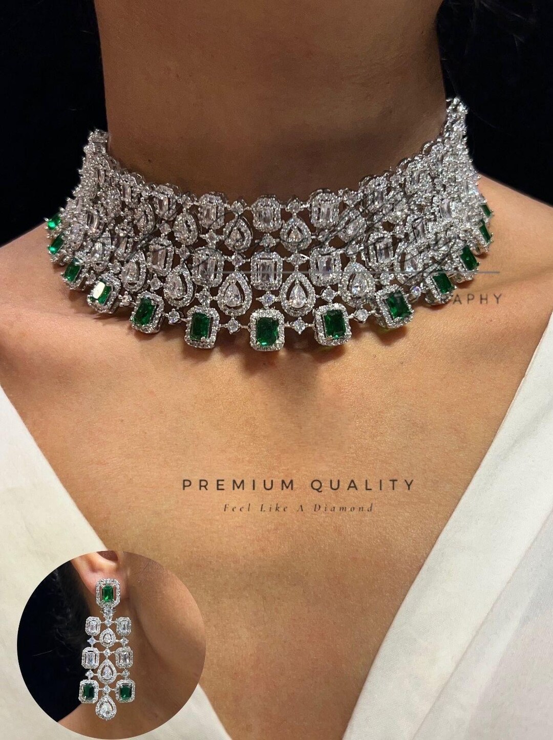 American Diamond Emerald Green Choker Set/ Delicate Choker Set ...