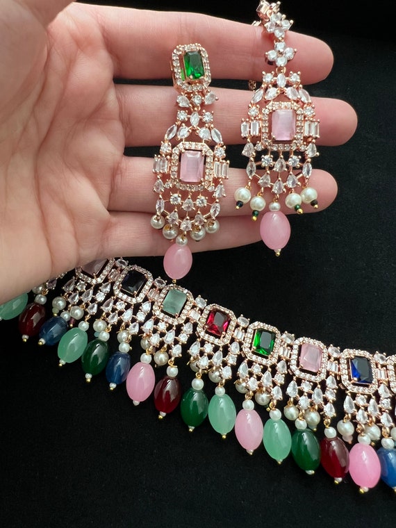 Rose Gold American Diamond Multi Color Necklace Set With | Etsy