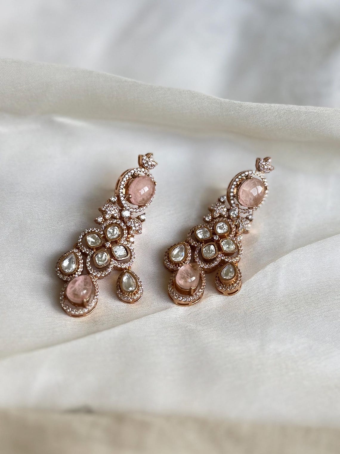 Rose Gold CZ Drop Earrings: Pastel Stone Indian Wedding Jewelry - Etsy