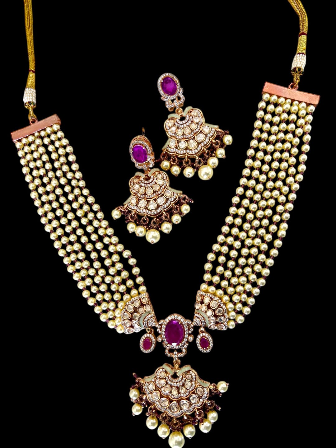 Elegant Multilayer Pearl and Ruby Necklace Set With Statement Earrings ...