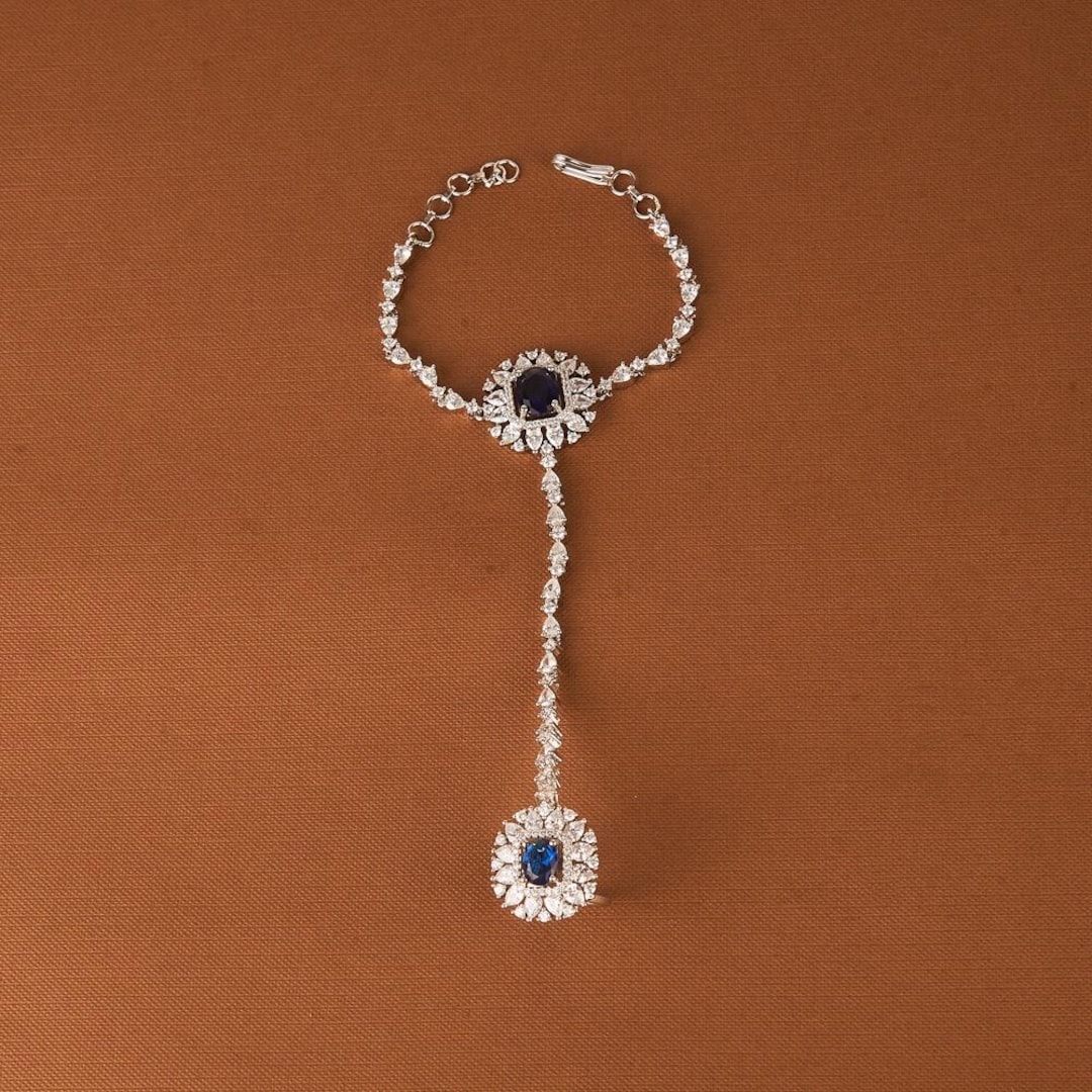 Silverplated American Diamond Hath Phool: Blue Indian Hand Chain - Etsy