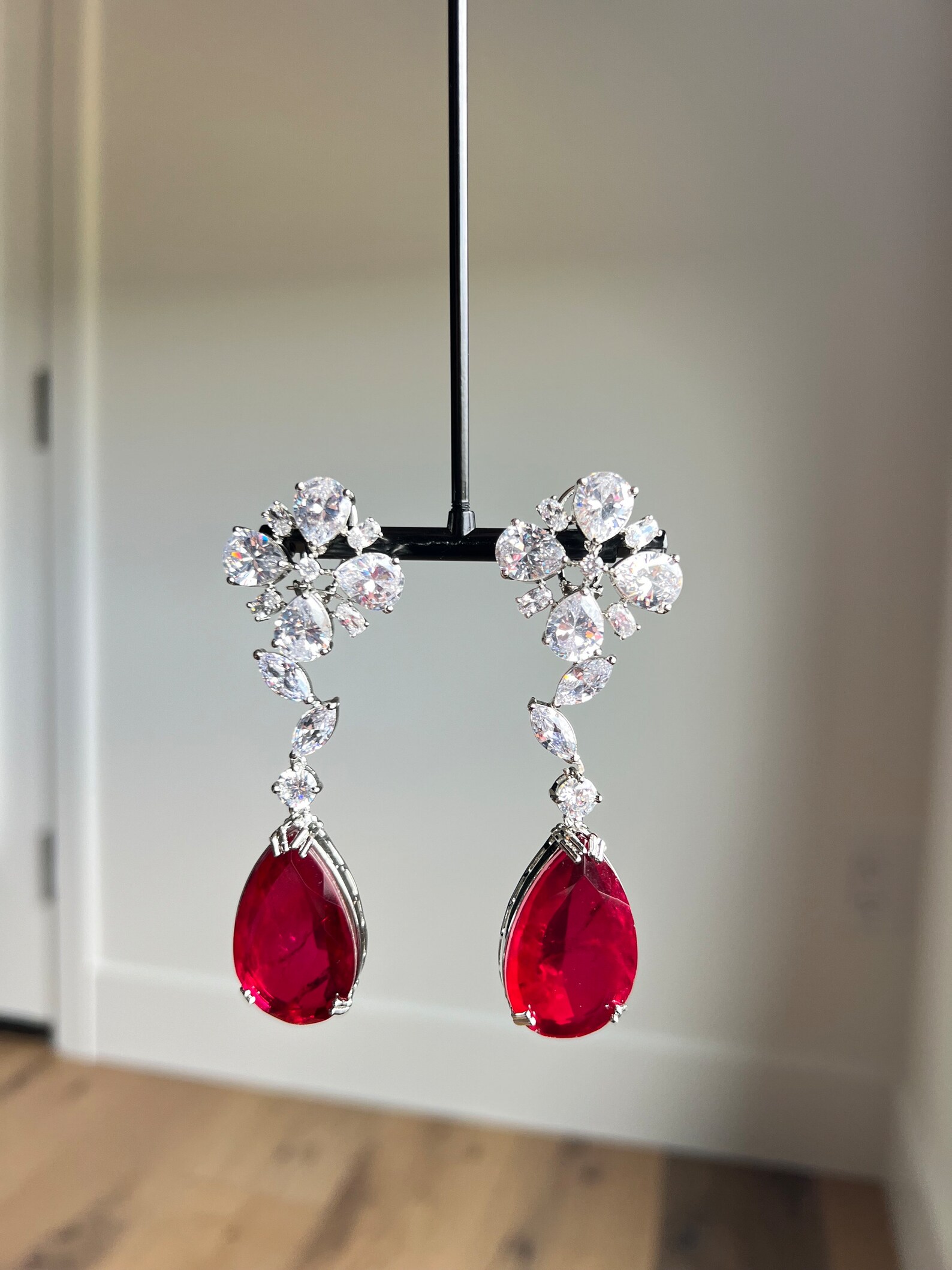 Ruby Red Dangle Earrings: American Diamond Bollywood Style - Etsy