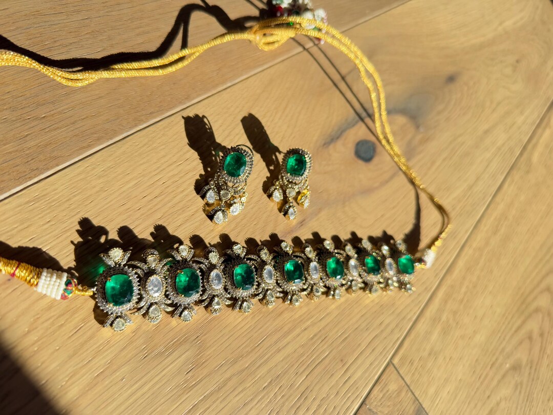 Emerald Green Choker Set/ Natural Gemstones Choker/ Rhodium Plated ...