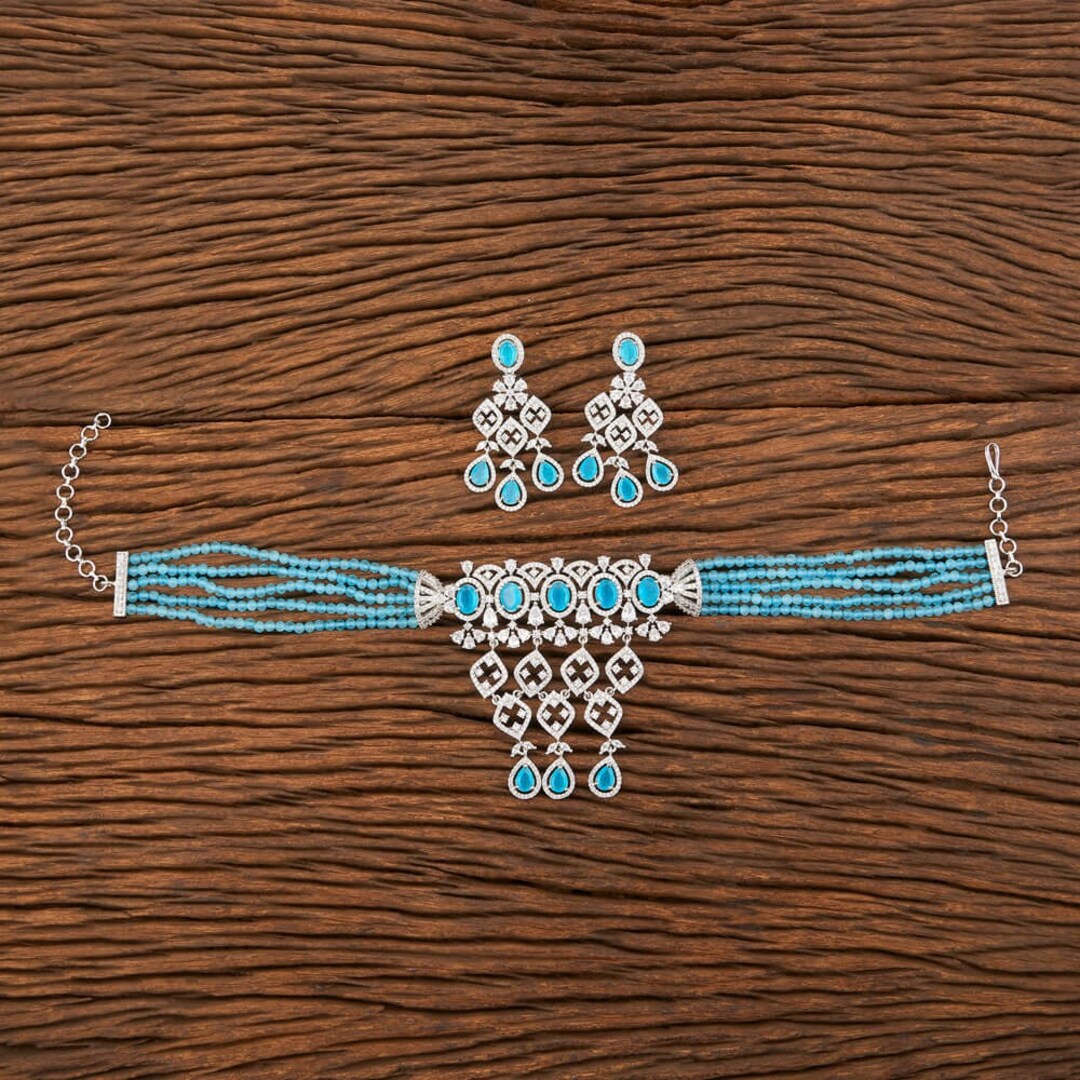 American Diamond Light Blue Necklace Set With Earrings/ Indian Jewelry ...