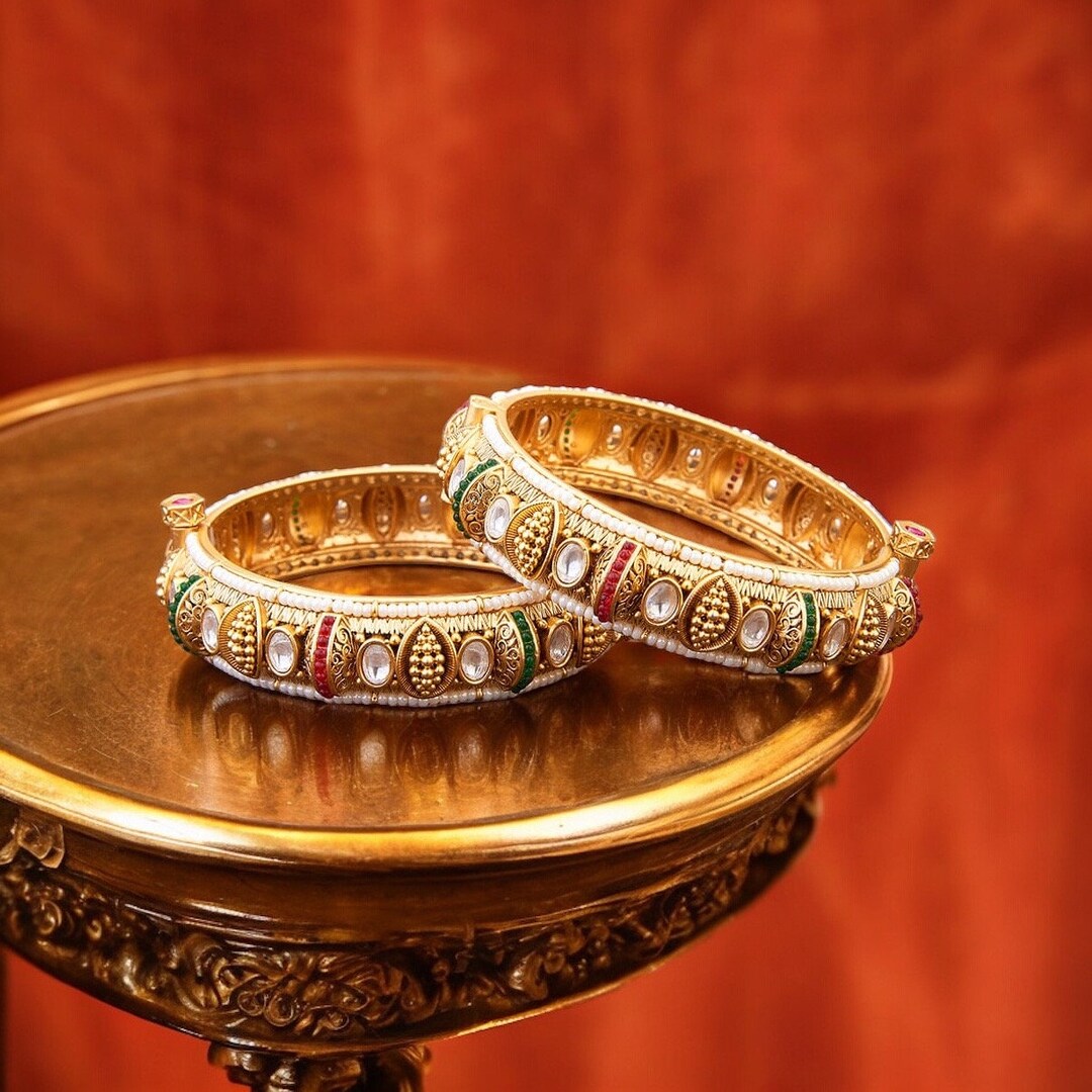 Gold Plated Indian Bangles: Red and Green Openable Bangle Set - Etsy