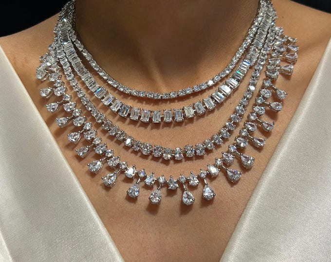 CZ Diamond Bridal Jewelry Set: Chandelier Earrings & Collar Necklace - Etsy