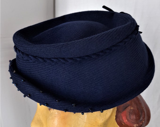Late 1940's Navy Ribbed Felt Hat With Beads , Perching Hat , 1940's Hat ...