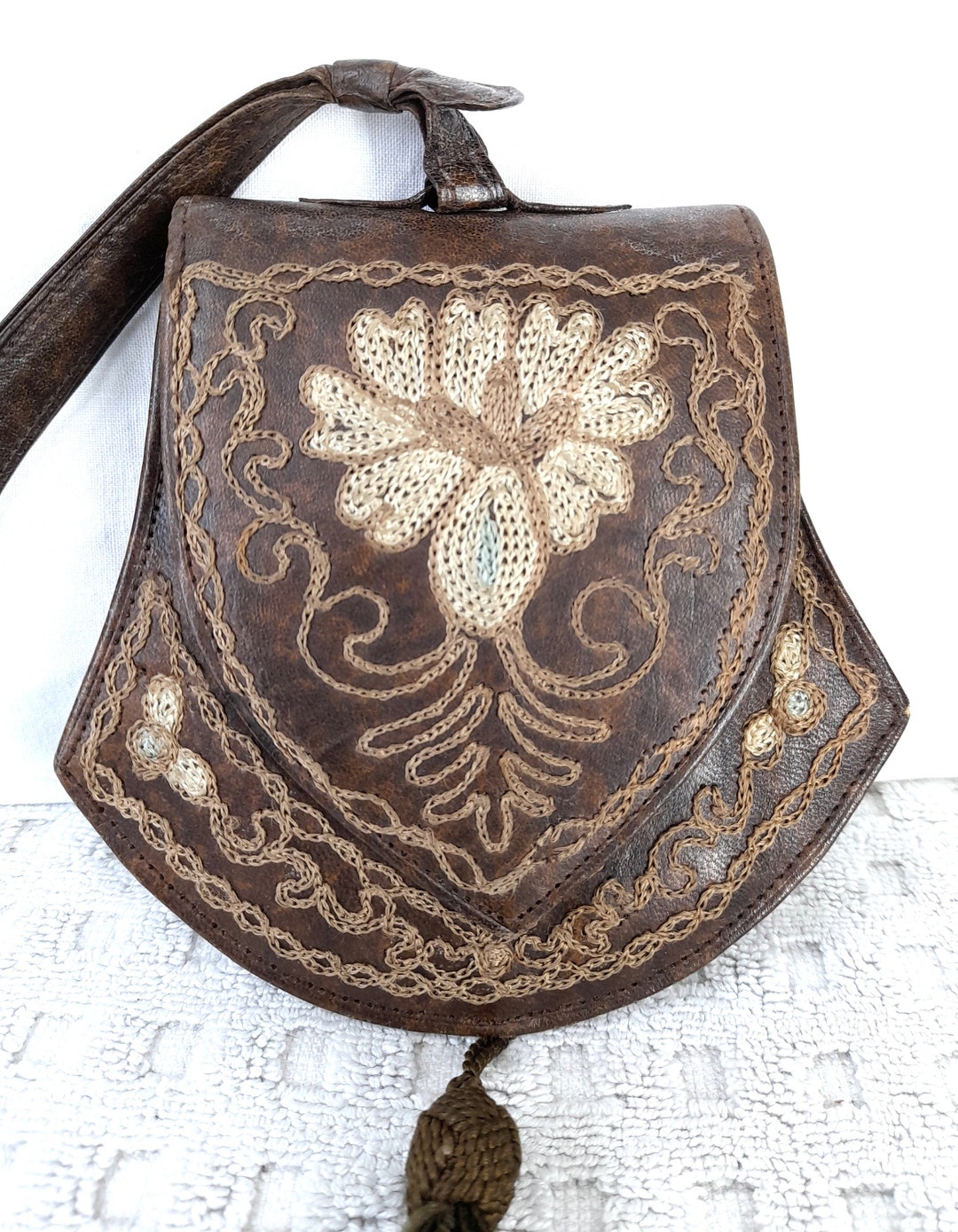 Edwardian Brown Leather Handbag Tambour Embroidery Purse Mirror ...