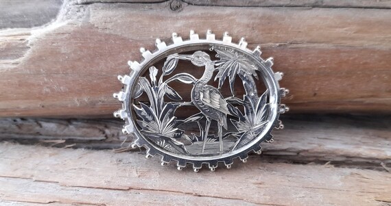 Victorian Aesthetic Movement Silver Crane Brooch , … - Gem