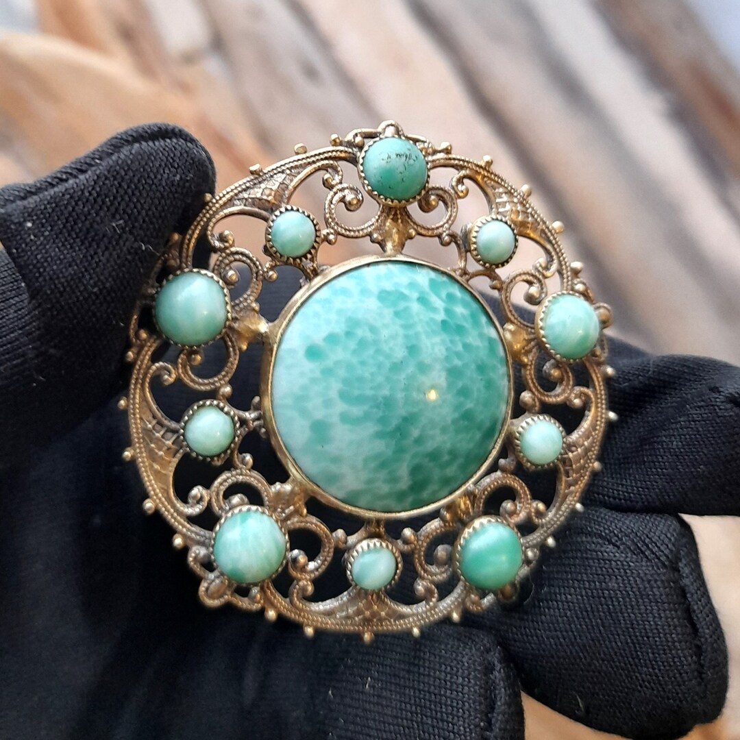 Green Peking Glass Czech Filigree Brooch 1920's Neiger , Neiger ...
