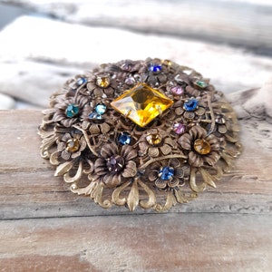 No 166 Huge 1920's Filigree Neiger Flowers Czech Brooch Rainbow ...