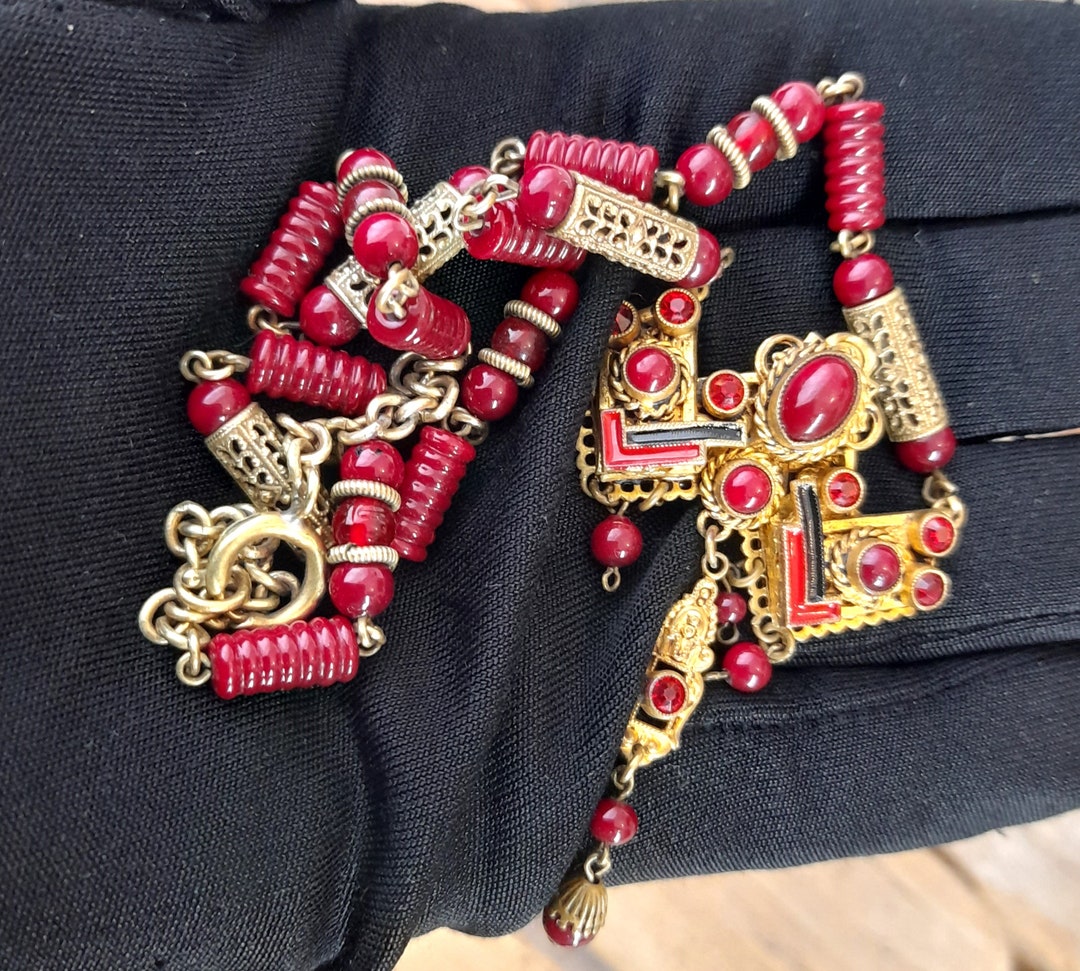 Festoon 1920's Max Neiger Czech Necklace Deep Red Chain Hung Filigree ...
