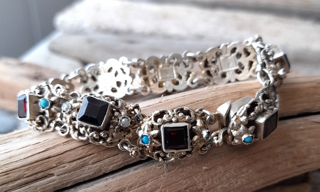 Antique Zoltan White Arts and Crafts Austro Hungarian 800 Silver Bracelet Turquoise Garnet ...