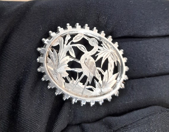 Victorian Aesthetic Movement Silver Crane Brooch , … - Gem