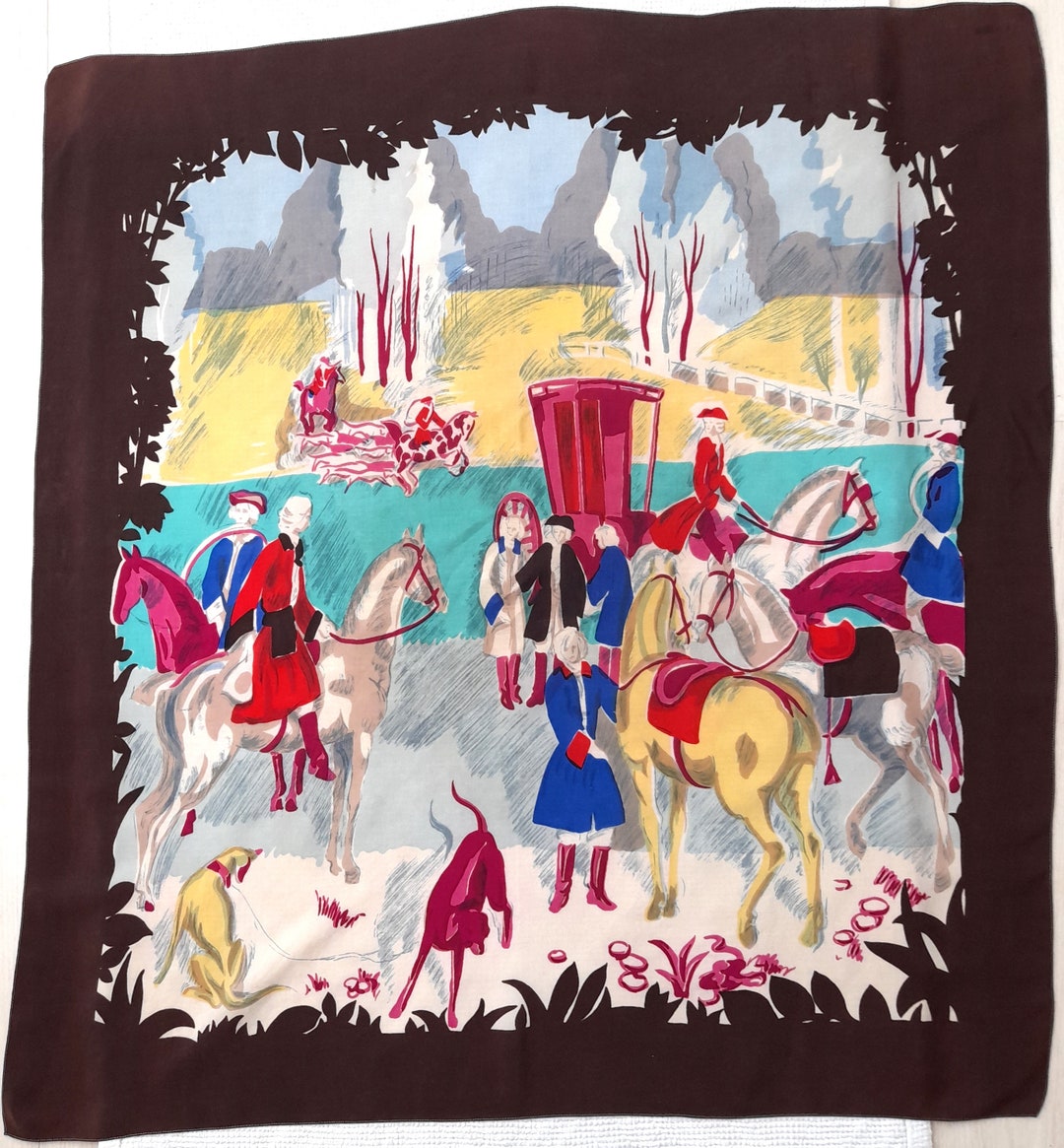 1920's Scenic Figural Art Silk Scarf , Antique Silk Scarf , Head Scarf ...