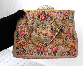 Floral Petit Point 1930's Purse Bag Hand Embroidered Gilt Frame Birds ...