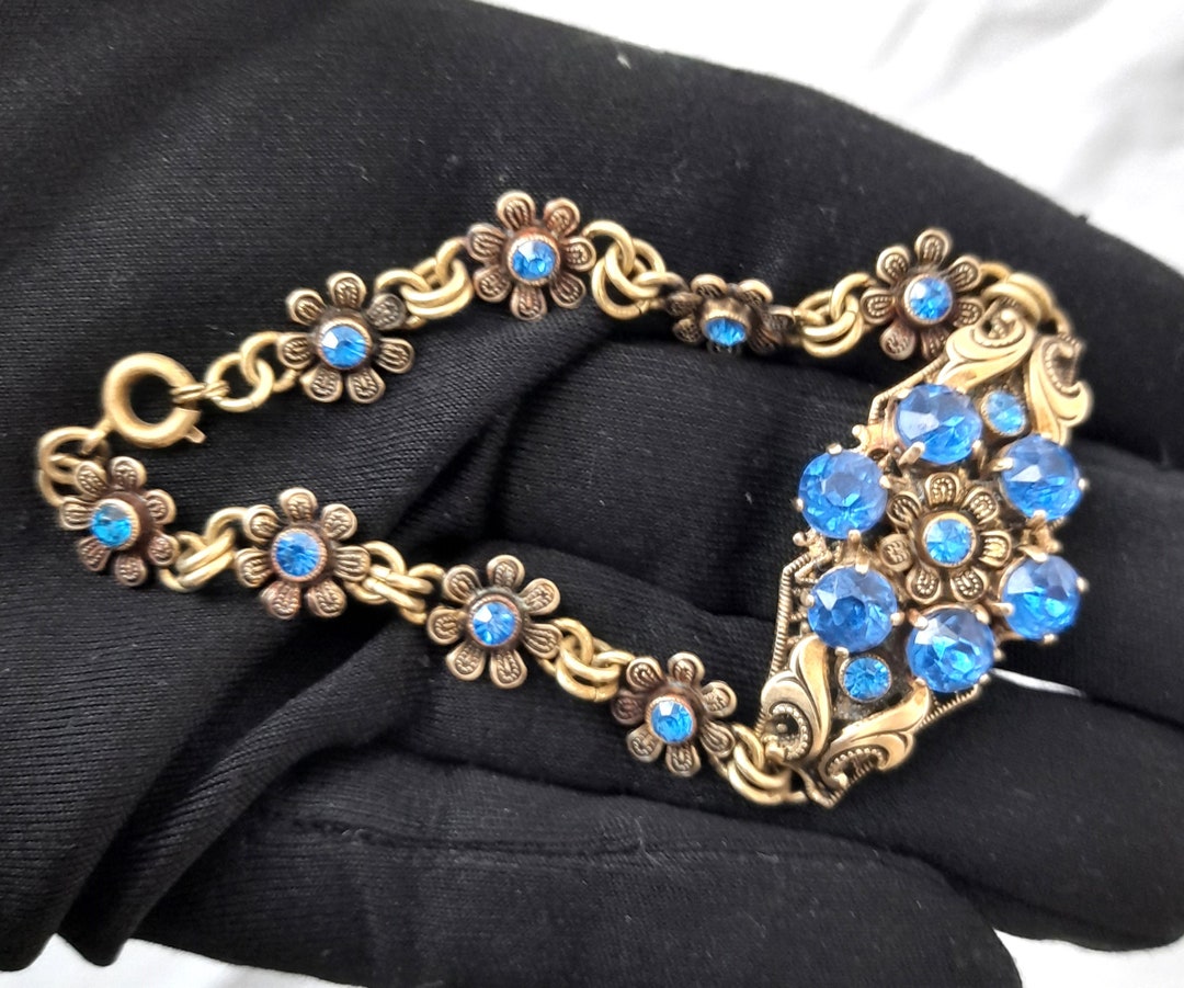 Neiger Flowers Czech Bracelet 1920's Filigree Blue Rhinestones ...