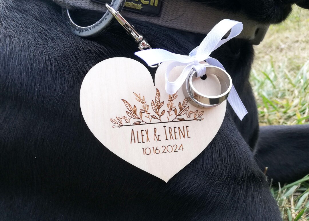 Wooden Heart Wedding Ring Bearer for Dogs, Engraved Ring Holder for Pet ...