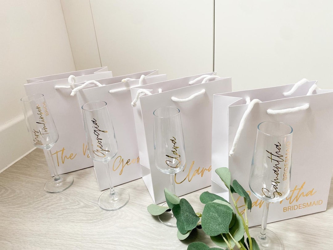 Pair/3/4/5+ Gift Bag and Champagne Glass Bundles for Bridesmaids, Bride ...