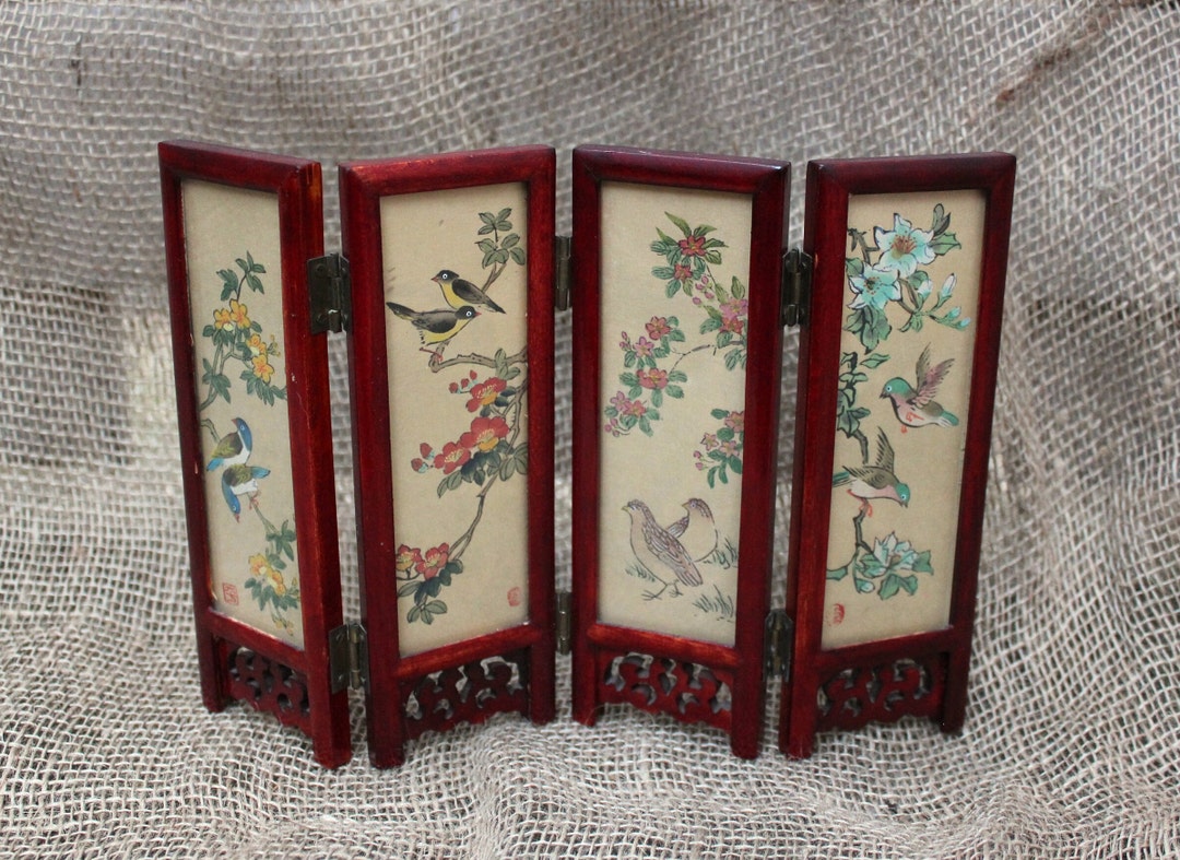 Vintage Miniature Oriental Silk Folding Screen With Hand Painted ...