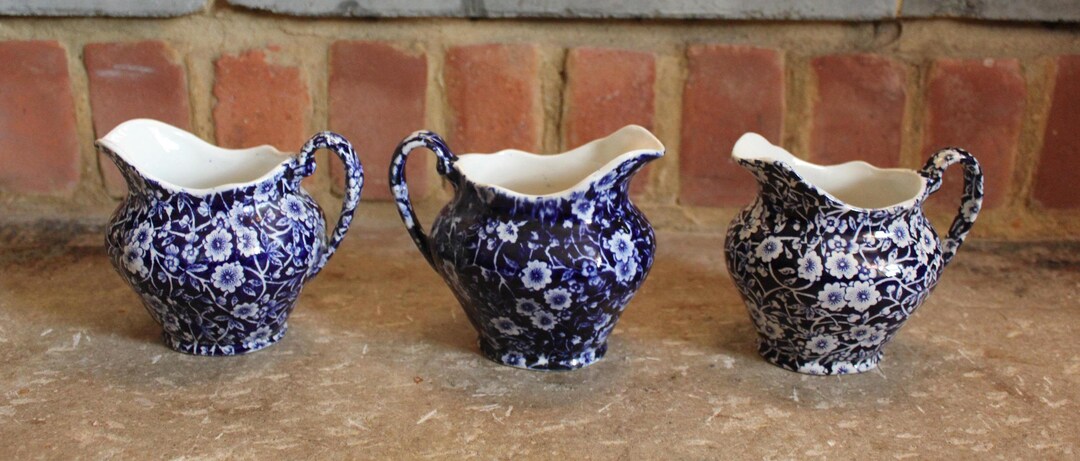 Vintage Burleigh Blue Calico Pottery Creamer Milk Jug Pitcher Floral ...