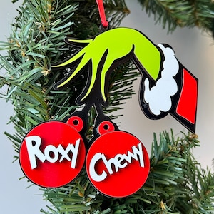Personalized Grinch Hands Holding Ornaments Villain Stocking Tag ...
