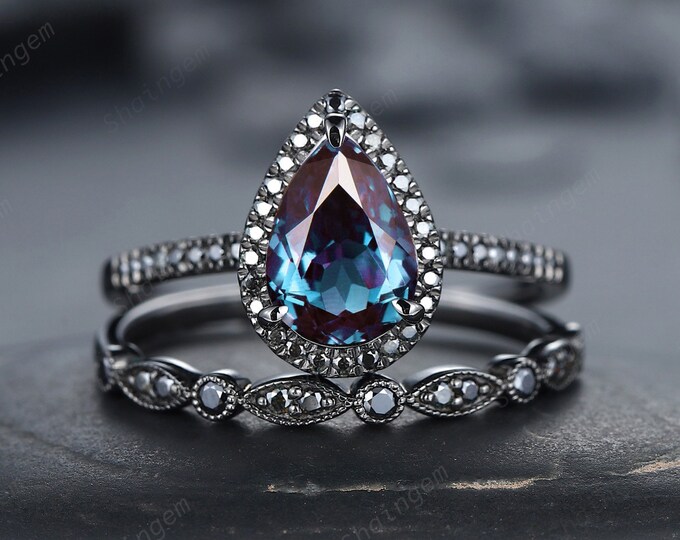Vintage Alexandrite Halo Engagement Ring Set, Black Gold Alexandrite ...