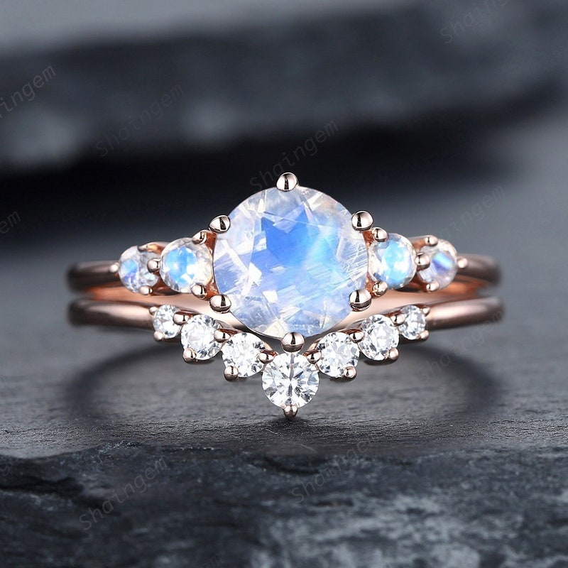 Moonstone Wedding Ring Set - Etsy